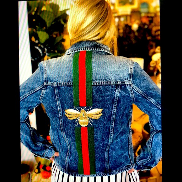 Jackets & Coats | Hand Beaded Jean Jacket With Stripe And Bee | Poshmark